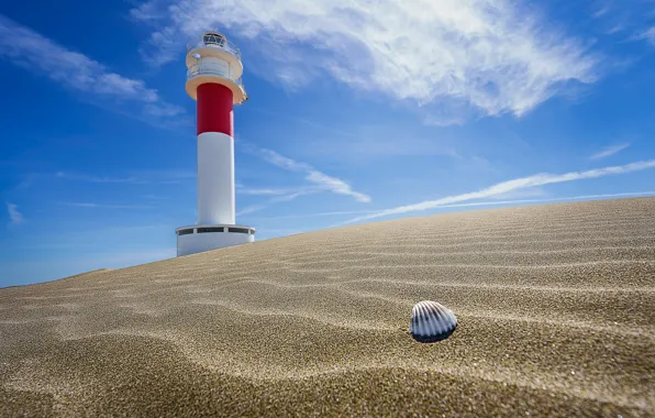 Wallpaper sand, the sky, lighthouse, shell, Spain, Spain, Deltebre ...
