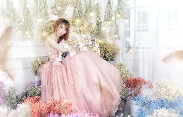 Wallpaper cat, girl, flowers for mobile and desktop, section стиль ...