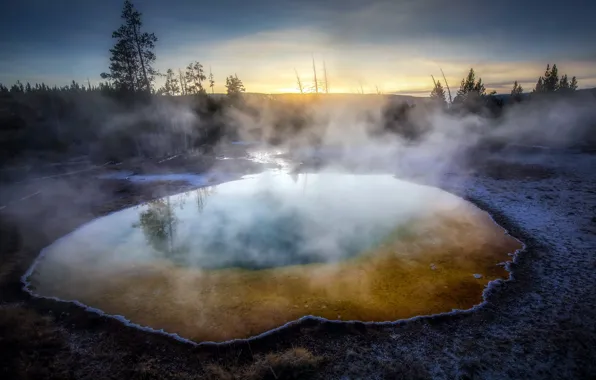 Download wallpaper sunset, Yellowstone, Thermal, Morning Glory Pool, section nature in ...