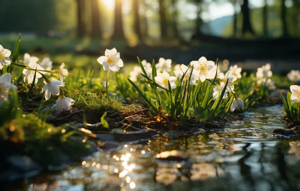 Wallpaper forest, light, flowers, nature, Park, stream, glade, spring for mobile and desktop ...