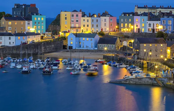 Wallpaper lights, home, harbour, Wales, Tenby for mobile and desktop ...