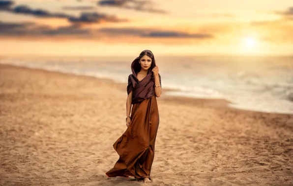 Wallpaper sand, sea, beach, girl, sunset, dress, Alessandro Di Cicco ...