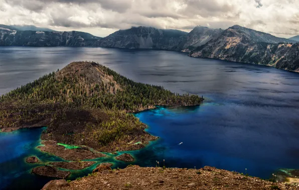 Wallpaper clouds, lake, island, USA, crater, Oregon, Crater Lake ...