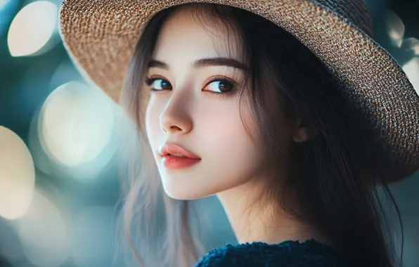 Wallpaper look, girl, face, portrait, hat, makeup, brunette, Asian for mobile and desktop ...
