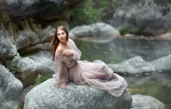 Wallpaper Look Girl Pose Lake Stones Model Dress Beautiful For