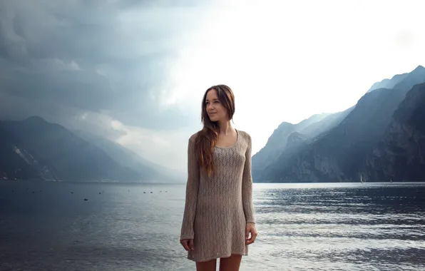 Wallpaper the sky, landscape, mountains, clouds, pose, lake, model ...