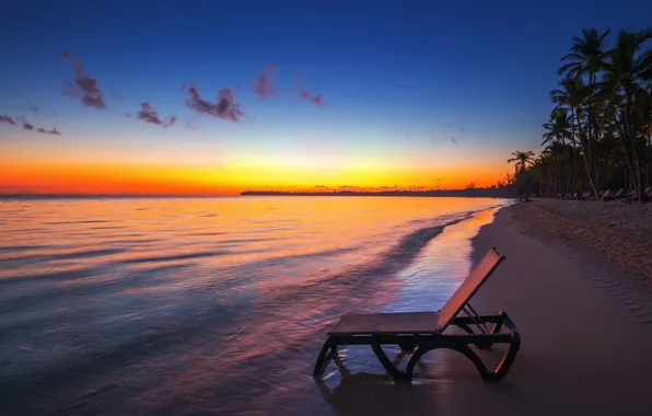 Wallpaper sand, sea, the sky, sunset, nature, palm trees, shore ...