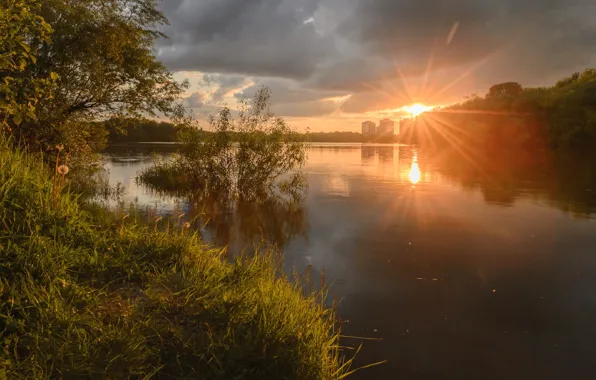 Wallpaper summer, the sky, water, rays, trees, sunset, nature, river ...
