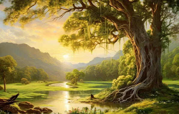 Wallpaper landscape, nature, view, painting, digital painting, digital ...