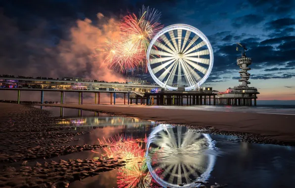 Download wallpaper night, lights, holiday, tide, Ferris wheel ...