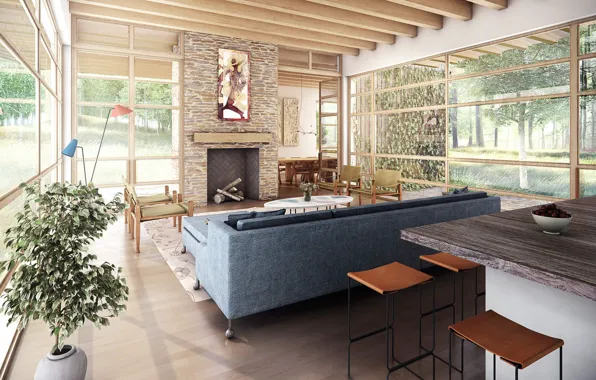 Wallpaper interior, kitchen, fireplace, living room, dining room, ranch ...