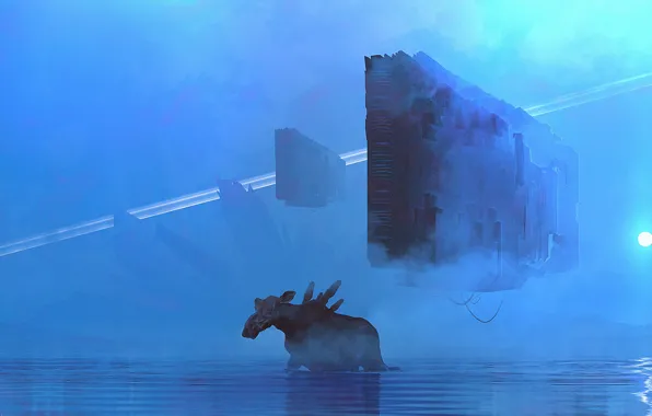 Wallpaper the sky, water, mountains, fog, star, facilities, moose, neo ...