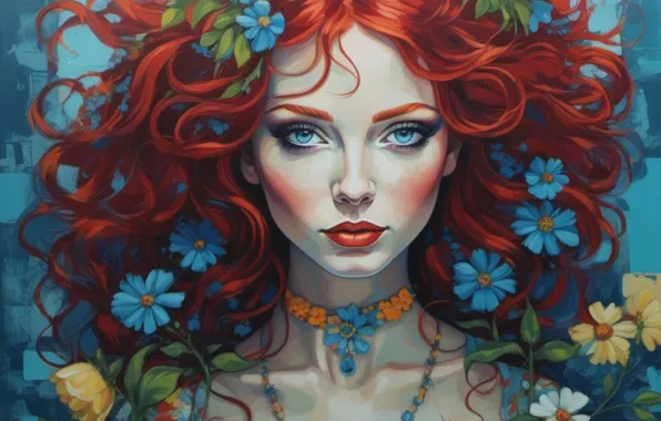 Wallpaper look, girl, flowers, portrait, painting, redhead, imitation ...