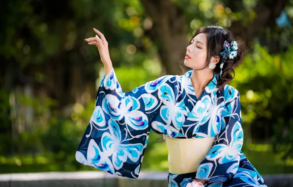 Wallpaper girl, pose, kimono, Asian, bokeh for mobile and desktop ...