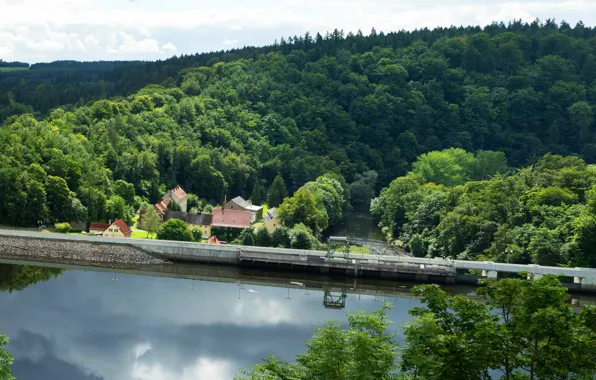 Wallpaper greens, forest, trees, bridge, river, Germany, panorama ...