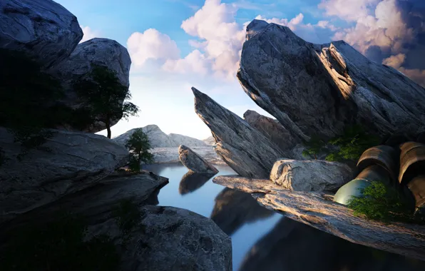 Download wallpaper the sky, clouds, rocks, pond, Octane render quick ...