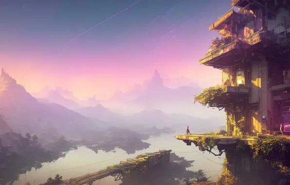 Download wallpaper river, art, digital art, mount, Stable Diffusion, neuronet, Ai art, Inkpunk ...