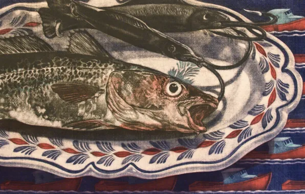 Wallpaper fish, plate, Kath Rutherford, Mezzotint, Lunch on the hook ...