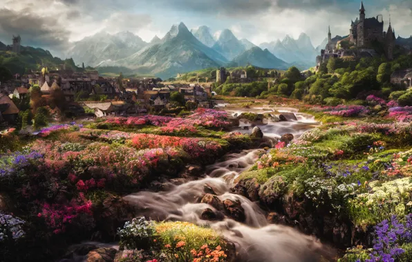 Wallpaper flowers, mountains, art, digital painting, shore, digital ...