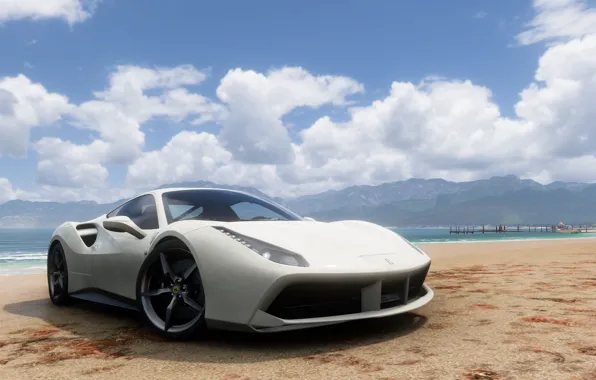 Wallpaper car, Ferrari, beach, water, clouds, sand, video games, Forza ...