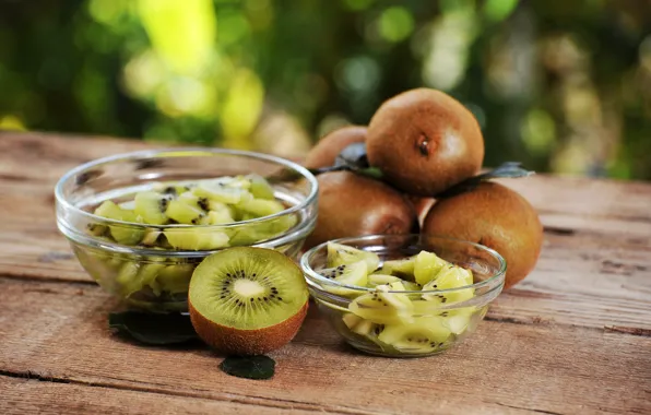 Wallpaper table, background, Board, kiwi, pieces, fruit, bokeh, vases ...