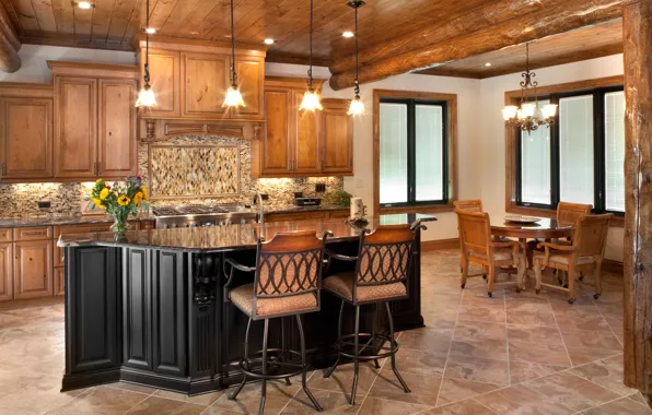 Download wallpaper interior, kitchen, dining room, log cabin, log house ...