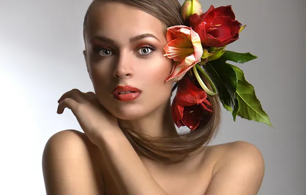 Wallpaper Look Flowers Face Model Makeup Lipstick Lips For Mobile