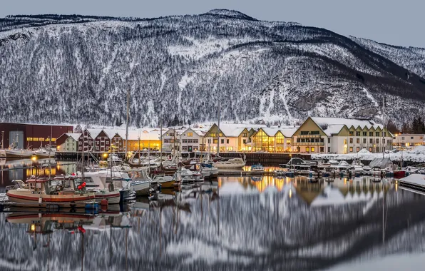 Wallpaper mountains, reflection, home, Norway, town, Norway, the fjord ...