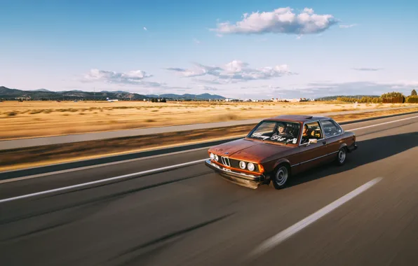Wallpaper road, field, the sky, clouds, lights, speed, shadow, BMW ...