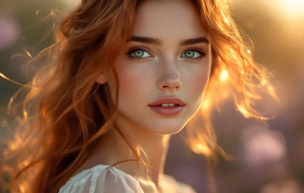 Wallpaper look, girl, the sun, light, face, portrait, redhead, AI art ...