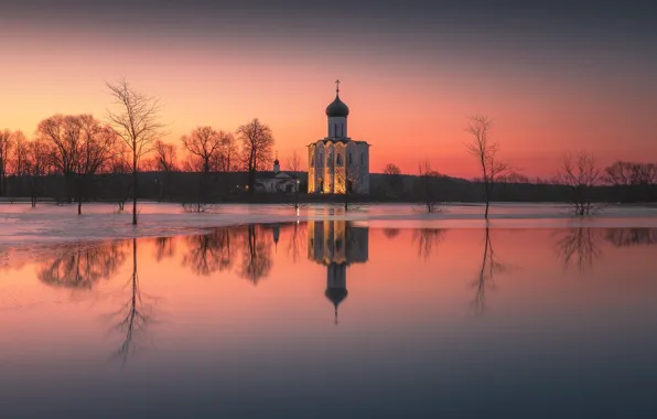 Download wallpaper sunset, spring, Church, Politova Anna, section ...