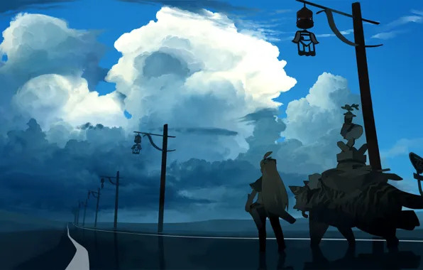 Wallpaper the sky, girl, clouds, tiger, art, akitsu taira for mobile ...