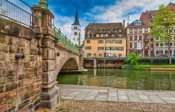 Wallpaper bridge, river, France, building, promenade, Strasbourg ...