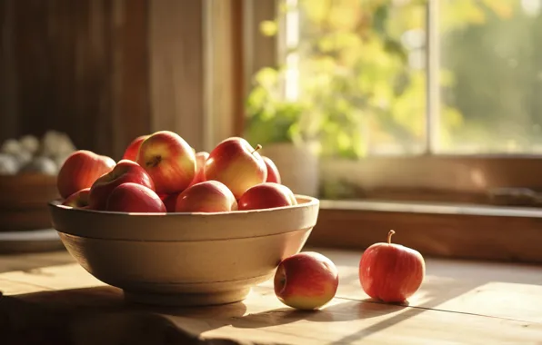 Wallpaper light, table, apples, Apple, window, kitchen, bowl, AI art ...