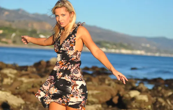 Wallpaper girl, beach, long hair, dress, sea, nature, Jenni Gregg ...