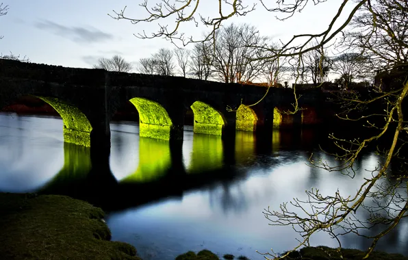 Wallpaper sunset, bridge, river, tree, branch, the evening, backlight ...