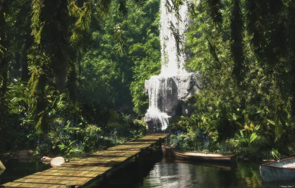 Wallpaper nature, waterfall, boats, the bridge, hmm for mobile and ...