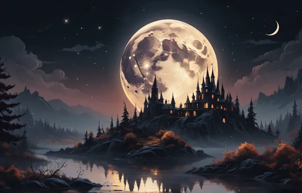 Wallpaper night, castle, the moon, fantasy for mobile and desktop ...