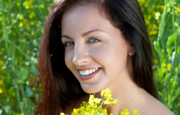Wallpaper girl, grass, green eyes, long hair, nature, smile, flowers, beautiful for mobile and ...