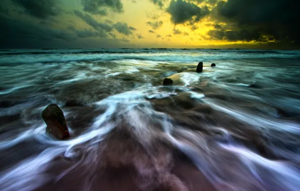 Wallpaper sea, landscape, night, England, Westward 'Ho', North Devon ...