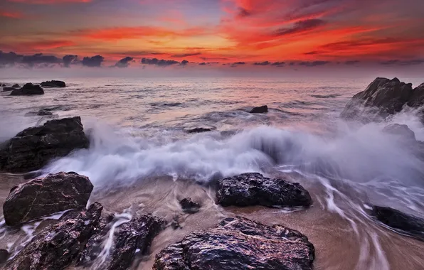 Wallpaper sea, wave, beach, sunset, red, stones for mobile and desktop ...