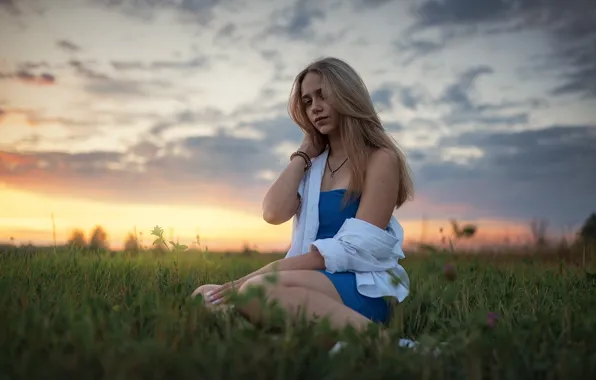 Wallpaper field, summer, girl, sunset, nature, pose, hair, dress for ...