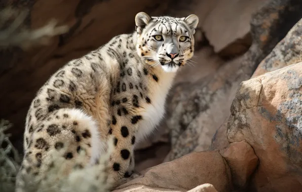 Wallpaper look, stones, rocks, IRBIS, snow leopard, sitting, digital art, AI art for mobile and ...