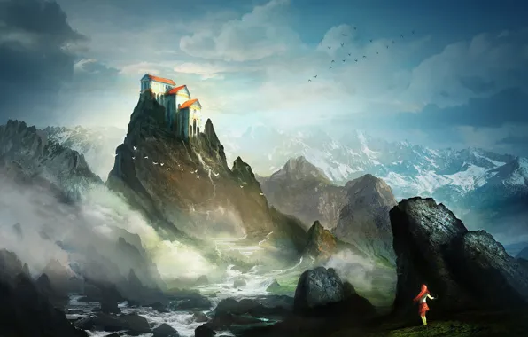 Wallpaper Girl, Mountains, Fog, Mountain, Girl, Stream, The building ...