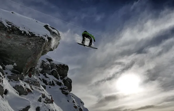 Wallpaper the sky, snow, flight, mountains, rocks, snowboard for mobile ...