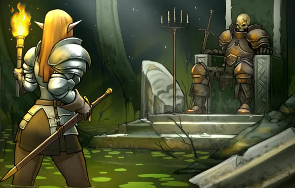 Wallpaper girl, light, elf, dark, skull, sword, fantasy, skeleton ...