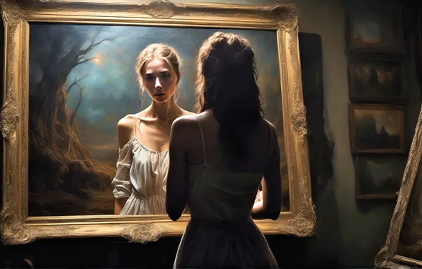 Download wallpaper girl, reflection, mirror, white dress, digital art, digital art, AI art ...