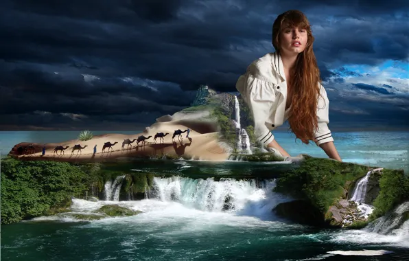 Download wallpaper girl, waterfall, fantasy, caravan, photoart, section ...