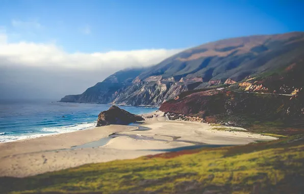 Download wallpaper waves, beach, road, sea, clouds, hill, bay, stream ...