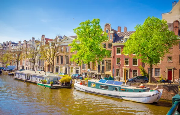 Wallpaper river, spring, boats, Amsterdam, Amsterdam, old, spring ...